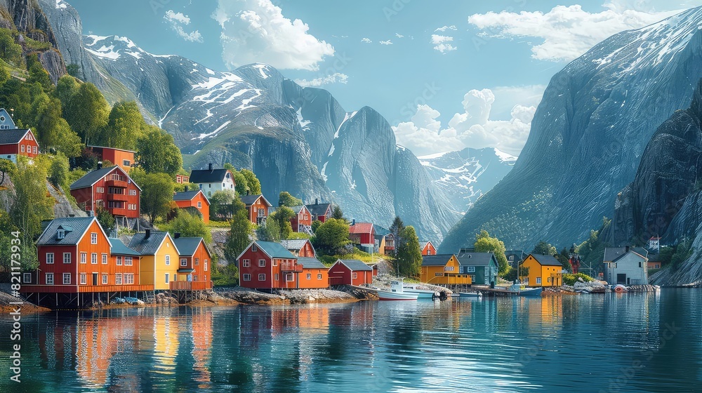 Fjord with fishing village flat design front view coastal life theme ...