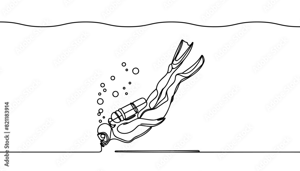 Vetor Continuous one line drawing of scuba diver illustration. Scuba ...