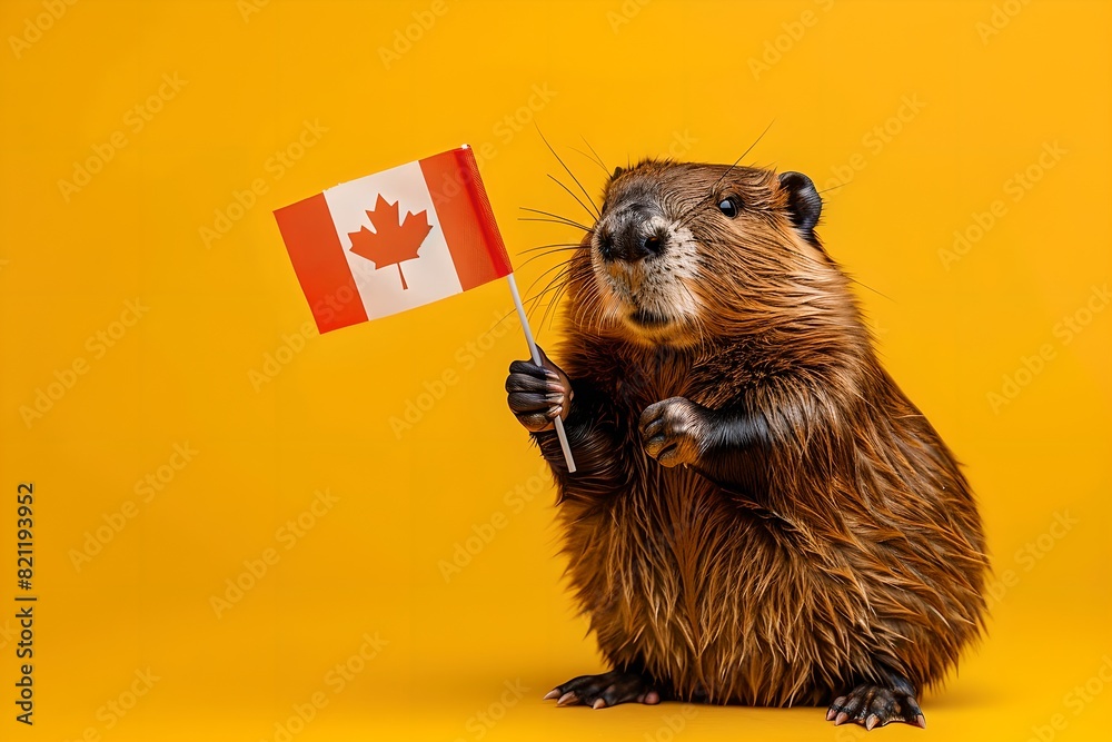 Beaver holding Canadian flag on yellow background. Canada Day holiday ...