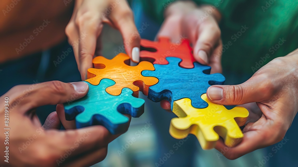 Close-up of diverse hands connecting colorful puzzle pieces, symbolizing teamwork, collaboration ...