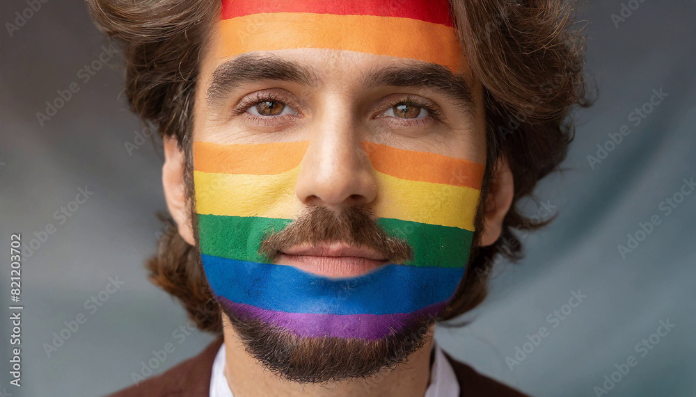 male face covered with lgbt flag colors close up, queer pride month ...