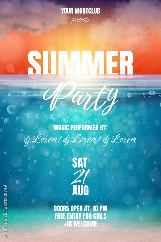 Realistic underwater poster. Pool summer beach party invite flyer, sea ...