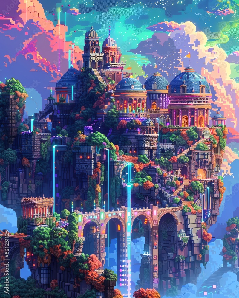 Craft a pixel art representation of a surreal isekai adventure where ...