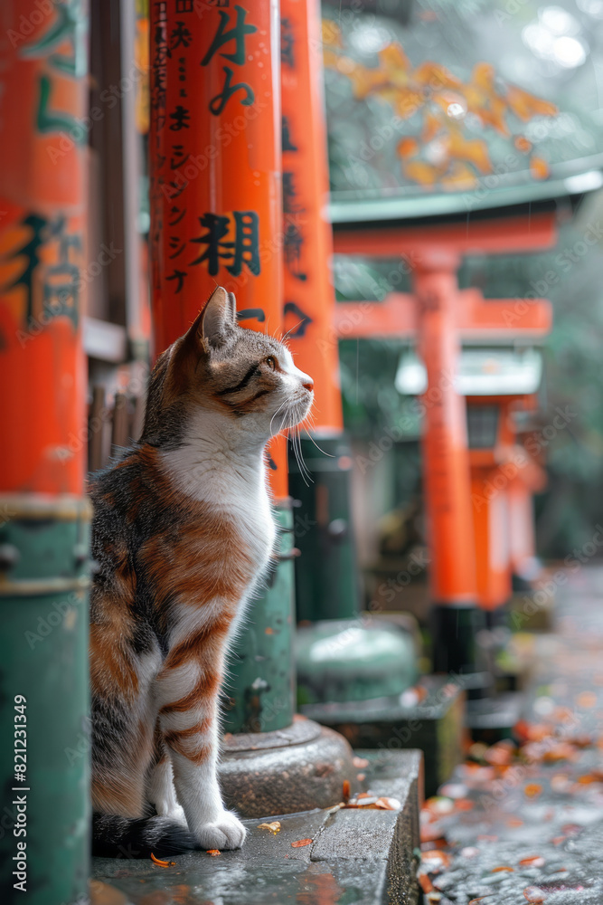 A Japanese Bobtail cat exploring a traditional Shinto shrine ...