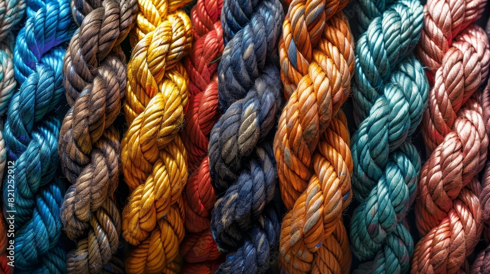 Colorful braided ropes in various shades, close-up. Vibrant texture and ...