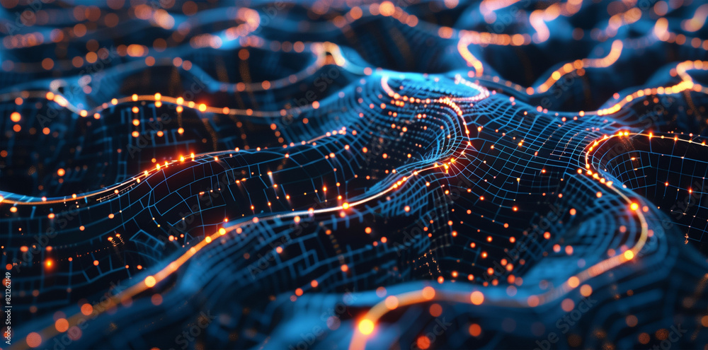 Futuristic neural network visualized with glowing synapses and active data paths, representing ...