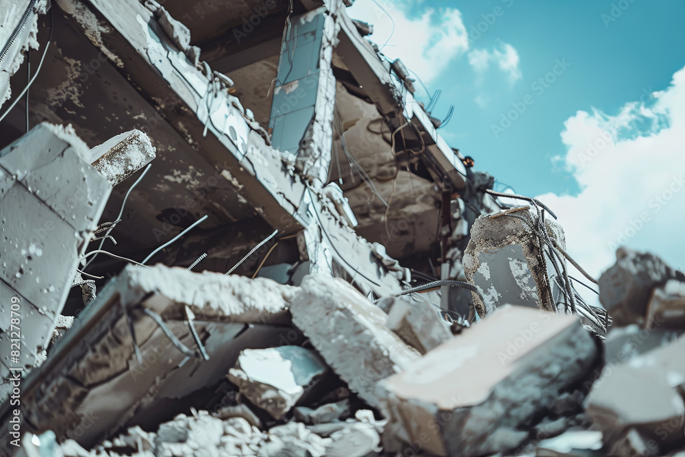 Destroyed building, conveying a scene of demolition or the aftermath of ...