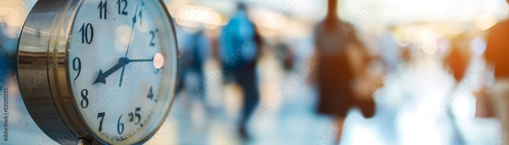 Blurred background of an airport terminal with a close-up of an analog ...