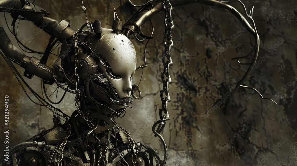 Highly detailed, dystopian cyborg head with intricate mechanical ...