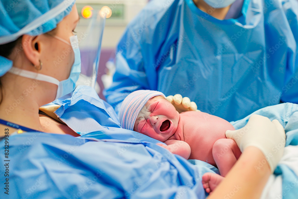 Newborn baby in delivery room with medical team, birth and new life ...