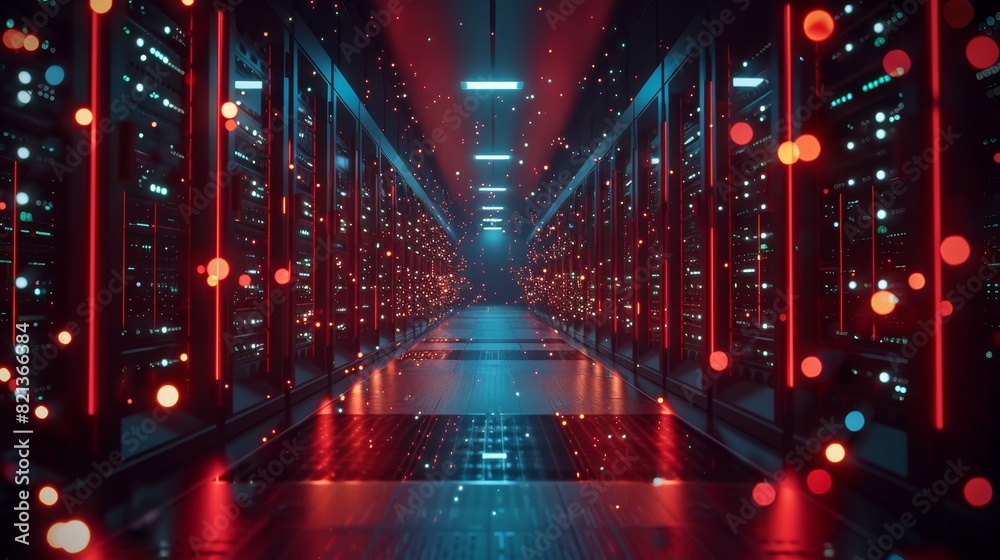 data center filled with rows of servers and blinking lights, representing the vast ...