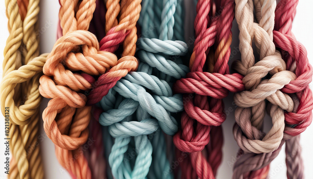 colored ropes tied symmetrically to each other, isolated white ...