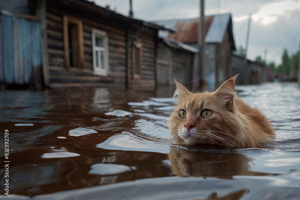 Orange cat swimming through floodwater. environmental change, global ...