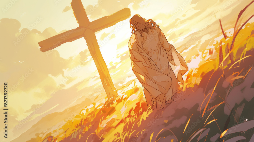 Illustrated figure resembling Jesus in prayer by a cross at sunset with ...