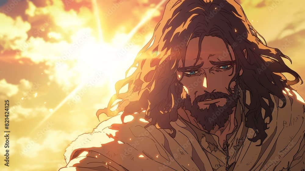 Jesus with a sad expression, bathed in divine sunlight. An anime-style ...
