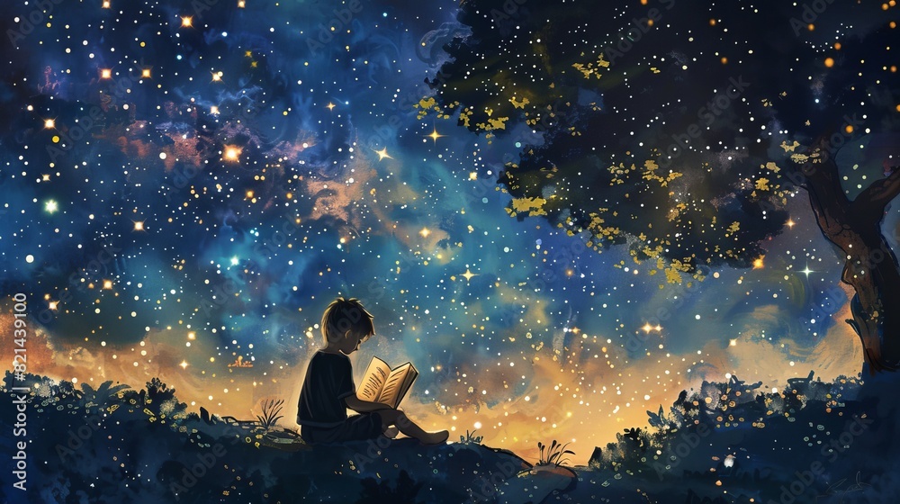 Boy reading under a starry night sky, perfect for fantasy and education ...