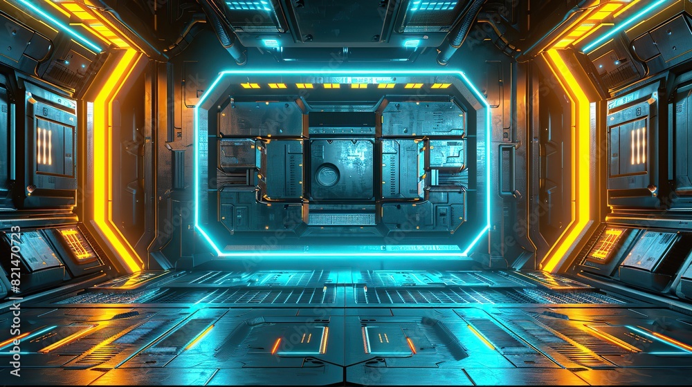 Background design, futuristic wall panel, cyan and yellow neon lighting ...