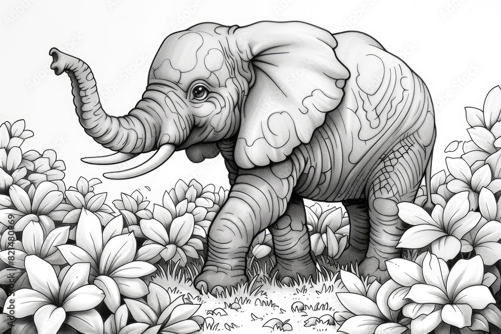 Little elephant with flowers. kids Coloring page, black and white ...