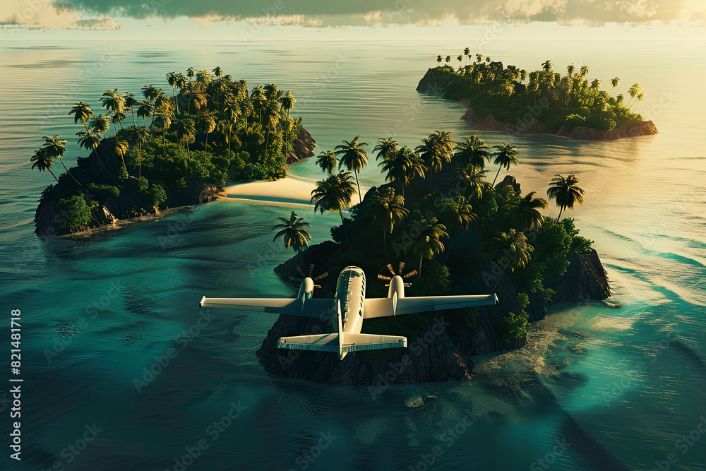 plane is seen flying around two islands with palm trees, in the style ...