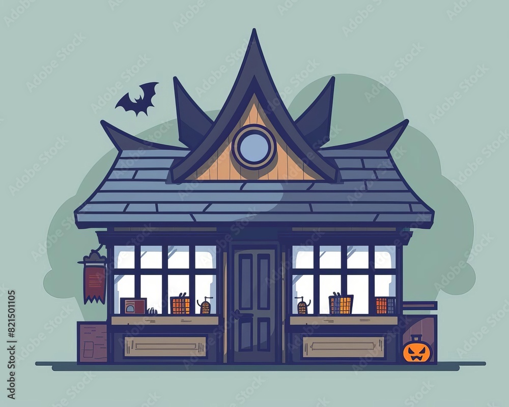 A minimalist, Tetradic color scheme cartoon drawing featuring a haunted ...