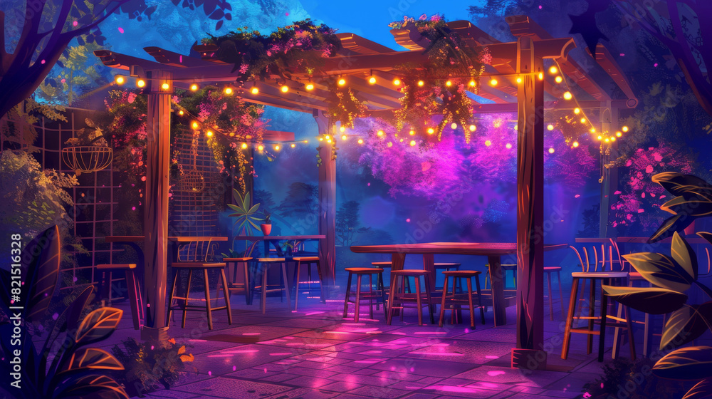 Cartoons of Outdoor dining area with a pergola and string lights ...