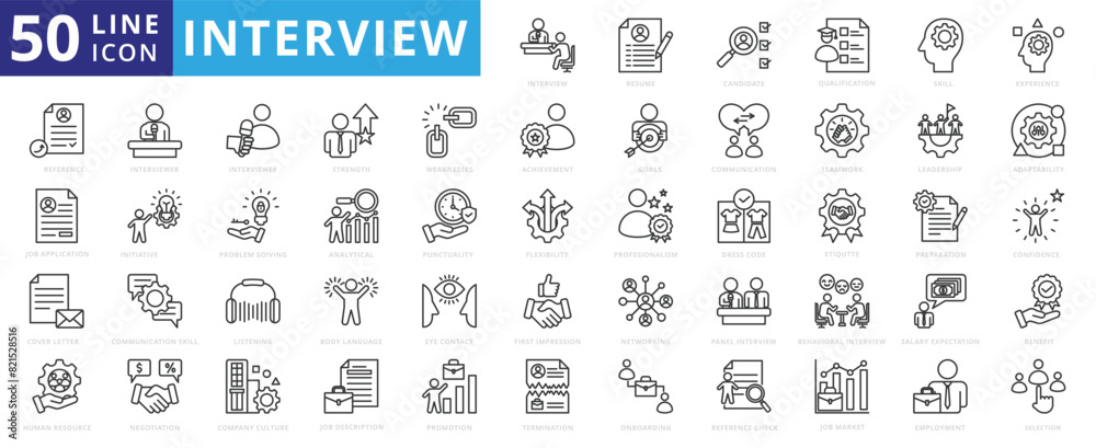 Interview icon set with resume, candidate, qualification, skill ...