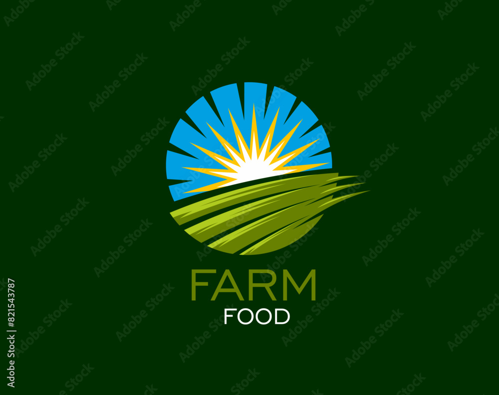 Agriculture farm field icon, rural landscape with green plants and sun ...