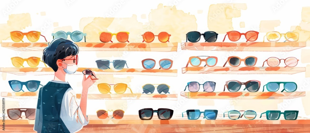 A Kawaii Water Color Of An Optometrist Fitting Glasses In A Stylish Optical Shop With Trendy