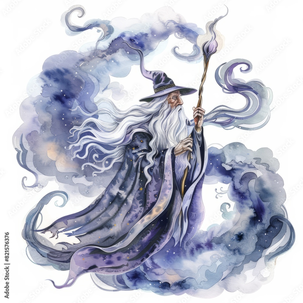 Watercolor painting of a wise old wizard conjuring spells amidst ...