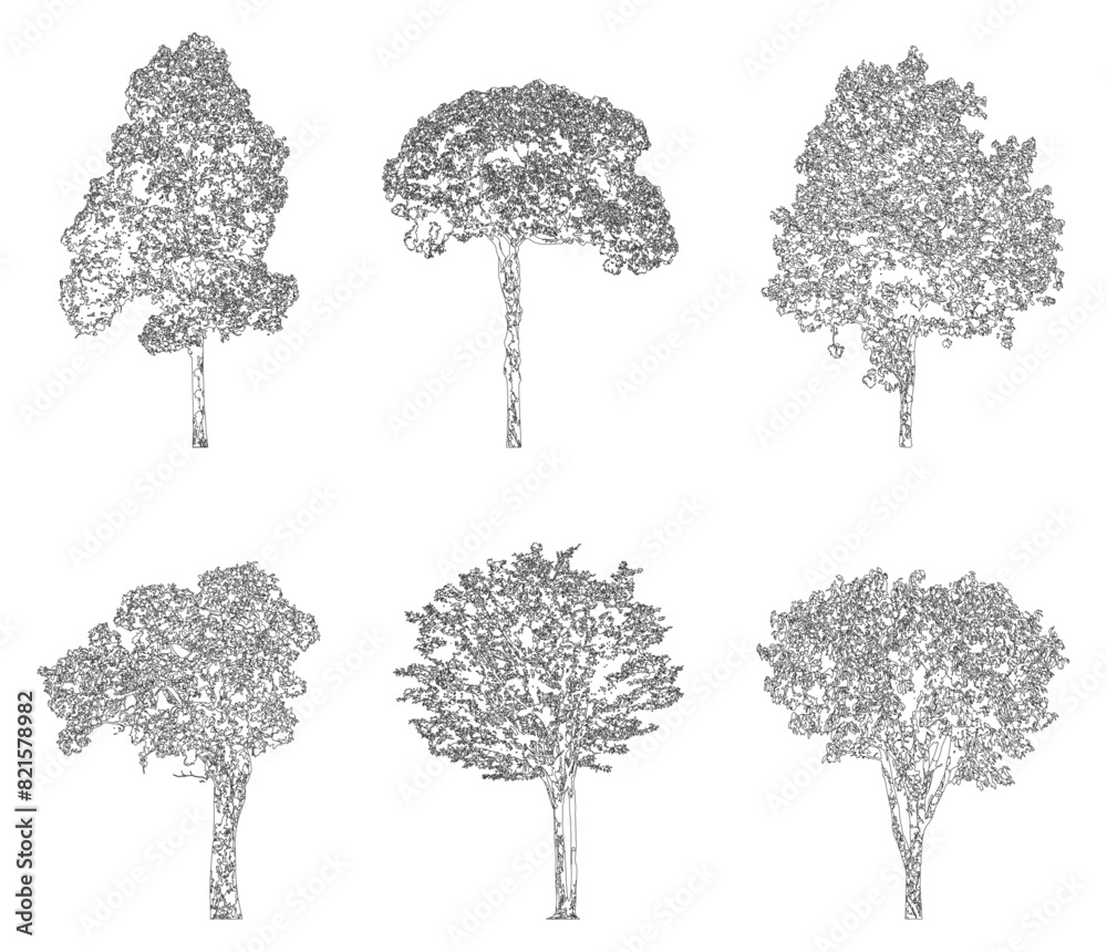 Minimal style cad tree line drawing, Side view, set of graphics trees elements outline symbol ...