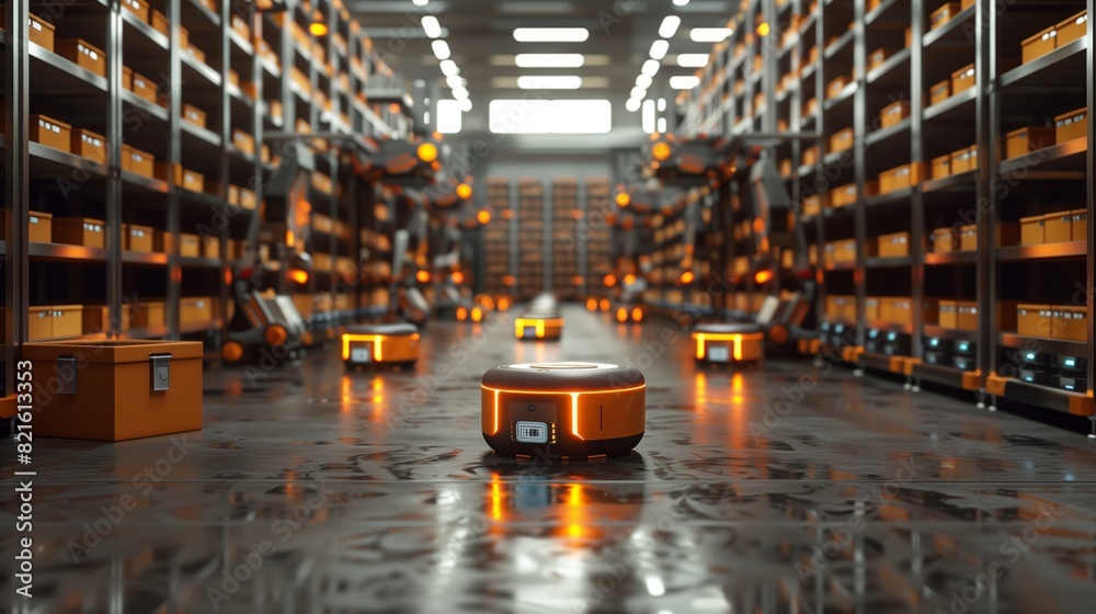 Automated robots navigating and managing inventory in a high-tech warehouse, showcasing advanced ...