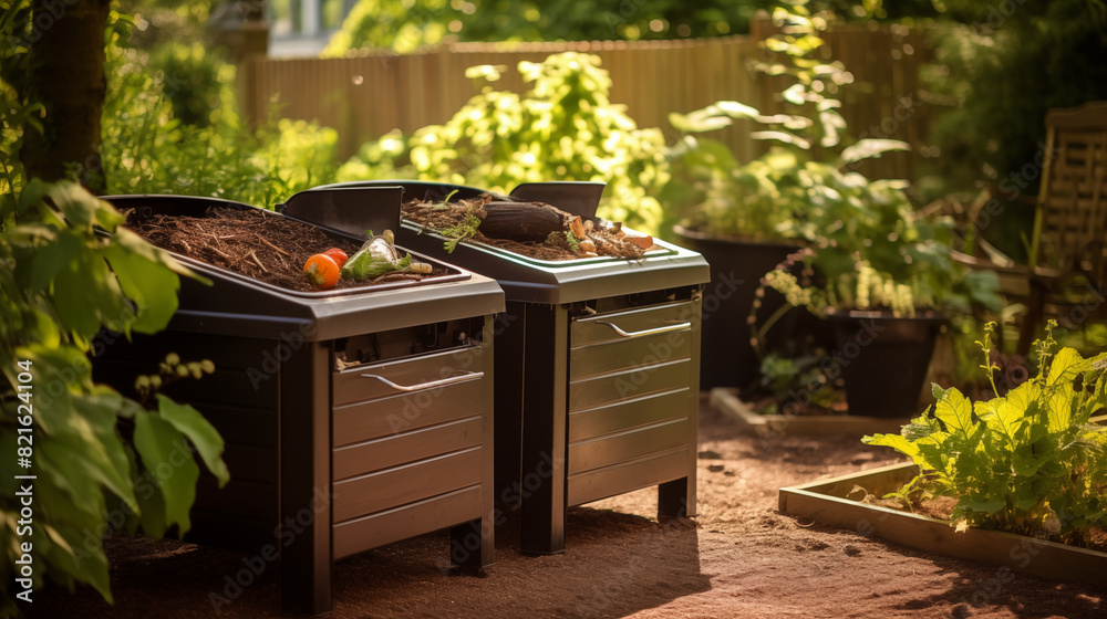 Composting bins in a garden setting, showing organic waste being turned ...