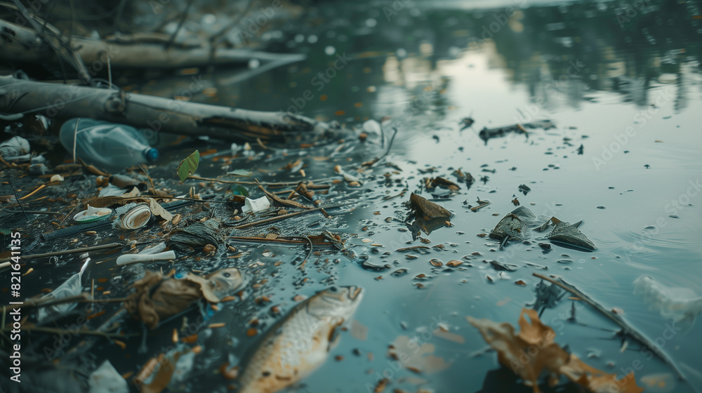Polluted river with floating trash and dead fish, environmental damage ...