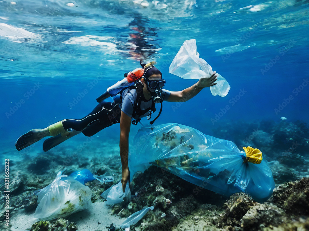 scuba diver in the sea volunteer collecting plastic waster underwater ...