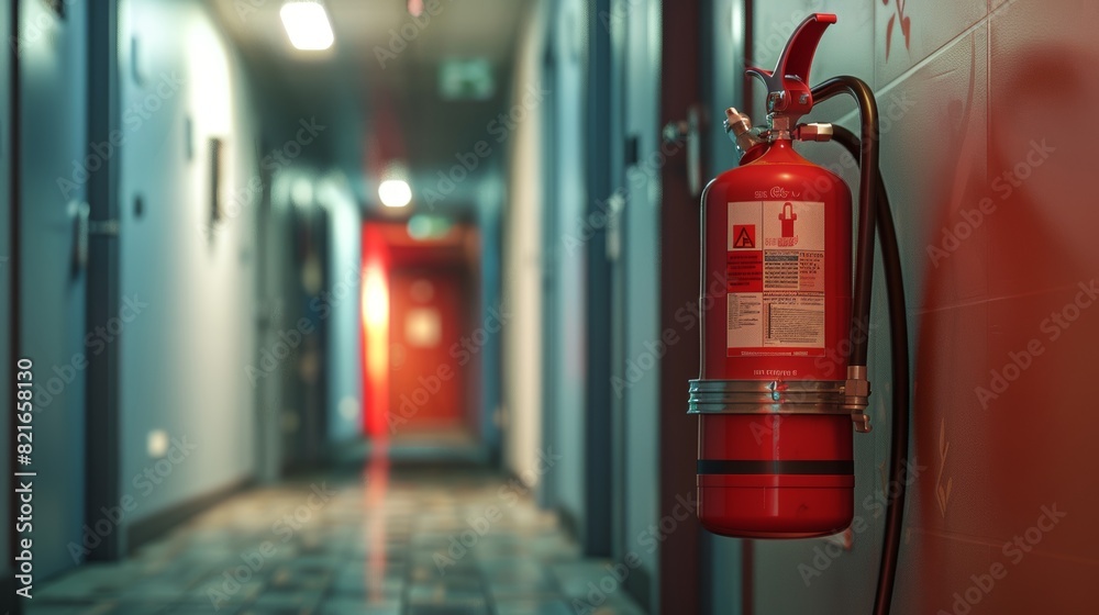 Fire extinguisher and hose reel near an exit door, close-up in a hotel ...