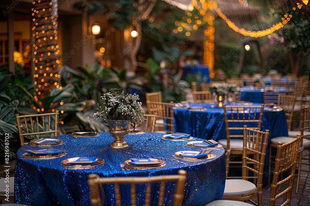 Elegant outdoor event setup with blue tablecloths, golden chairs, and ...