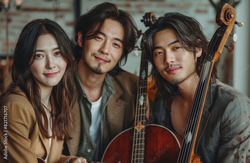 Group portrait of an asian band of four people, singer, guitarist ...