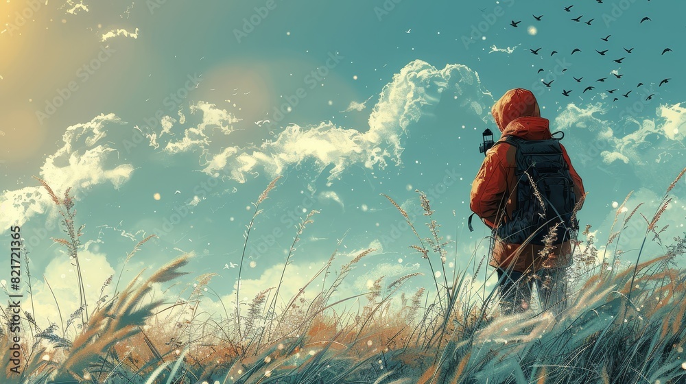 Birdwatcher observing birds in their natural habitat under a clear sky ...