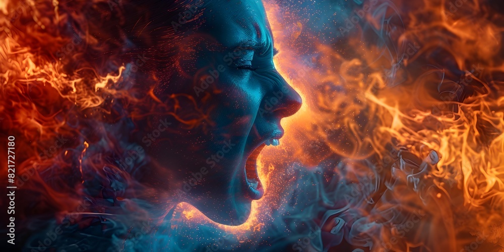 Intense and Dramatic Woman Shouting in Fiery Digital Concept of Human ...