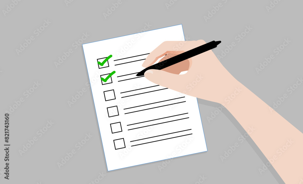 Hand with check list writing. Vector flat illustration of hand with pen ...