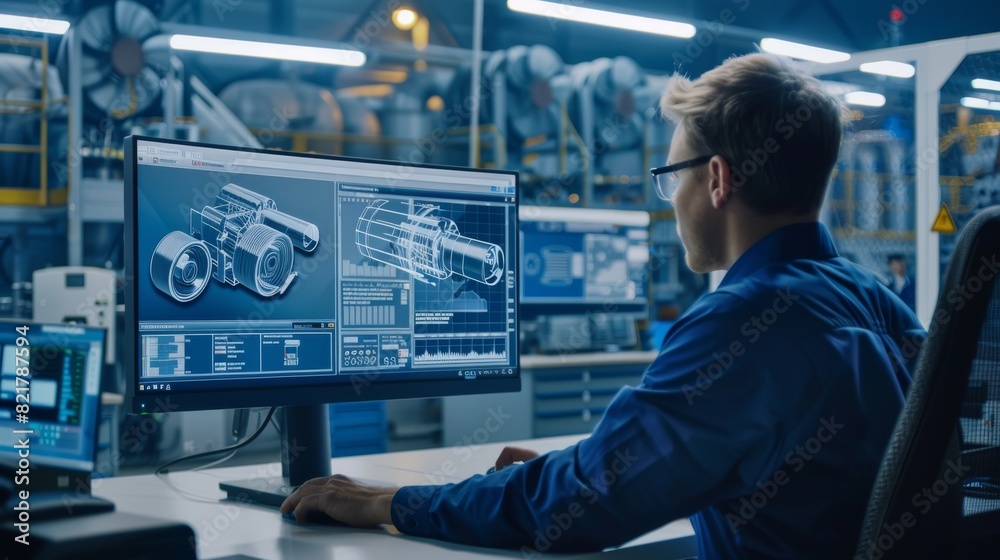 Two monitor screens show CAD software with a 3D model of a hybrid ...