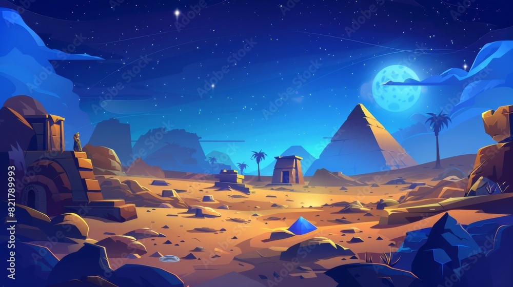 Modern cartoon background for game UI interface with ancient tombs and ...