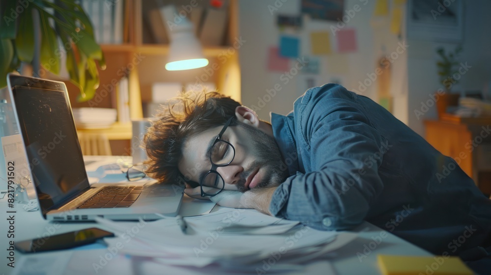 Young tired man in glasses sleeping on his office desk with a laptop ...