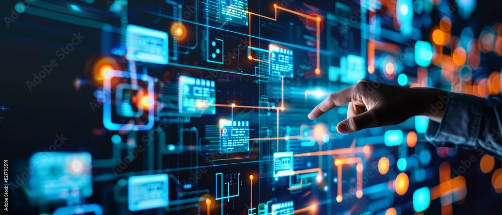 Person interacting with digital interface displaying data and ...