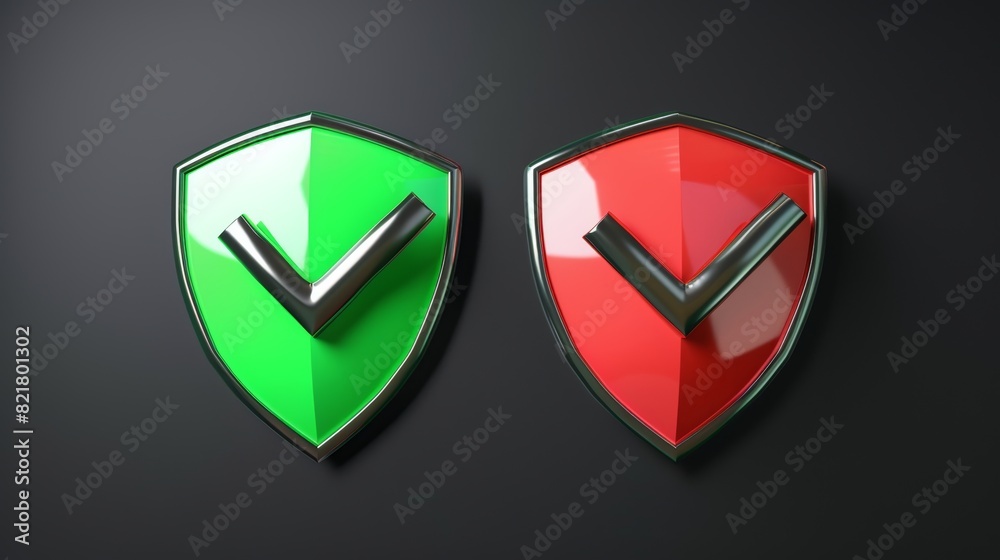 Ilustrace Set of 3D illustrations of green and red shields with check ...