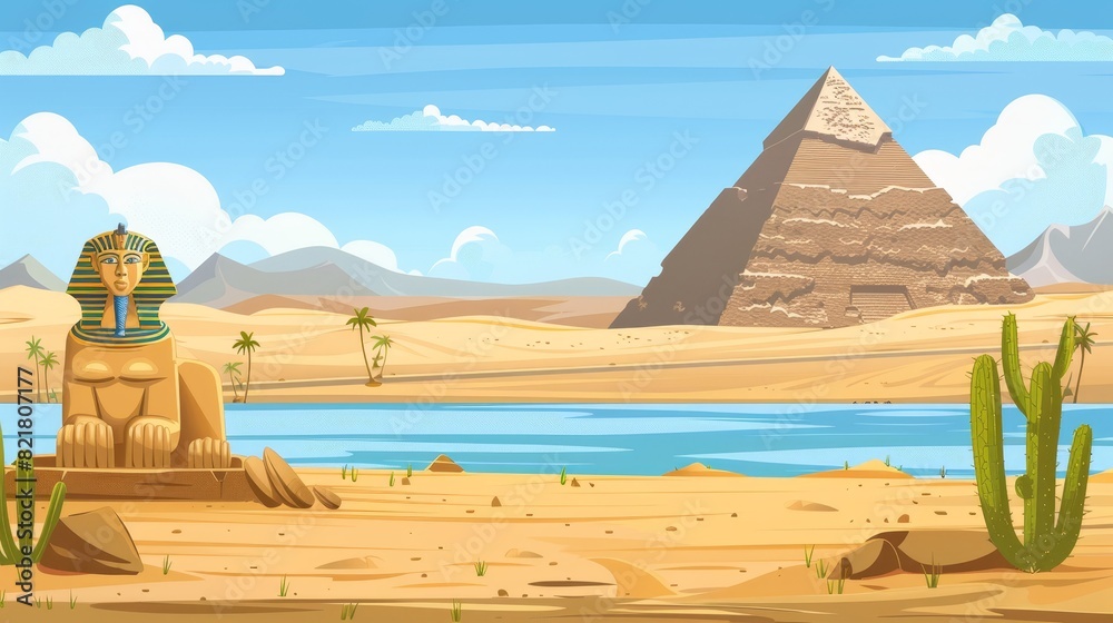 Egypt desert oasis modern landscape background with pyramids and ...