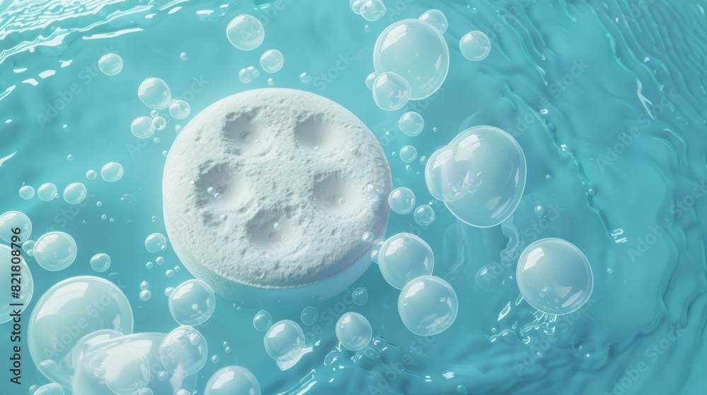 Infused aspirin tablet with underwater bubble. Fizzy white medicine ...