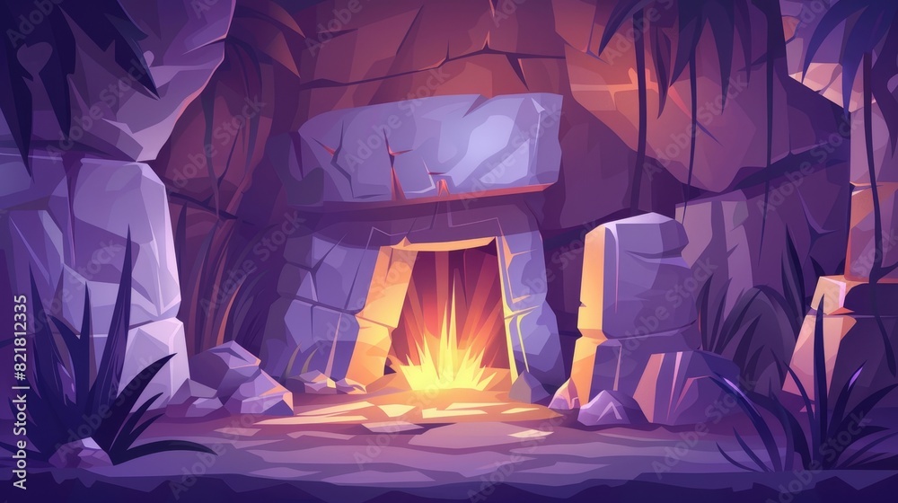 Caveman primitive painting on stone walls and campfire in cave. Cartoon ...