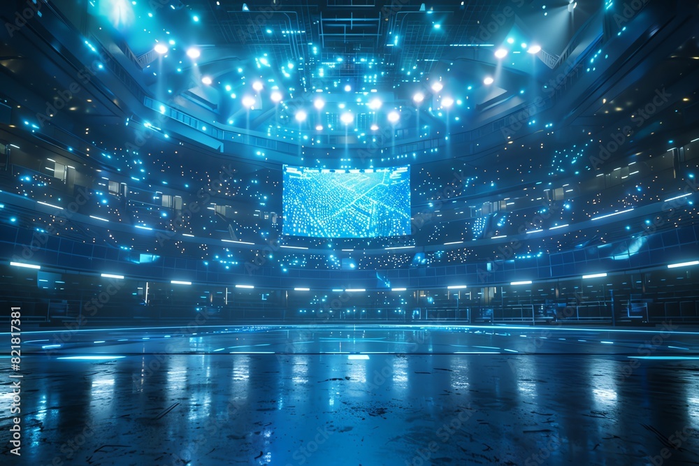 Futuristic 3D sports arena with holographic players, front view, Game ...