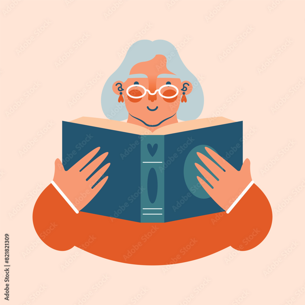 Сartoon old woman in eyeglasses reading book. Vector illustration of ...